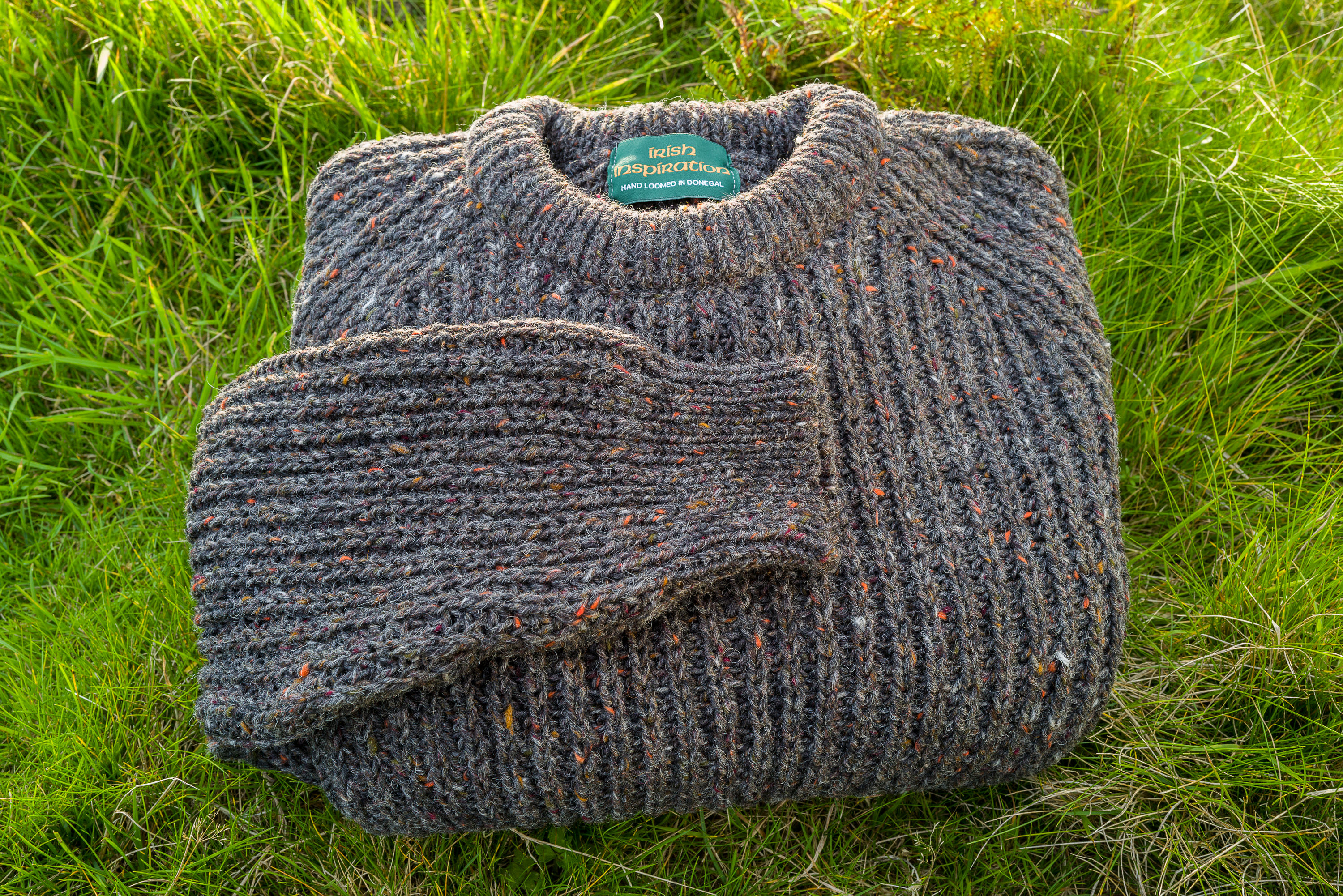 Donegal crew neck sweater in dark grey Donegal tweed wool | Irish ...