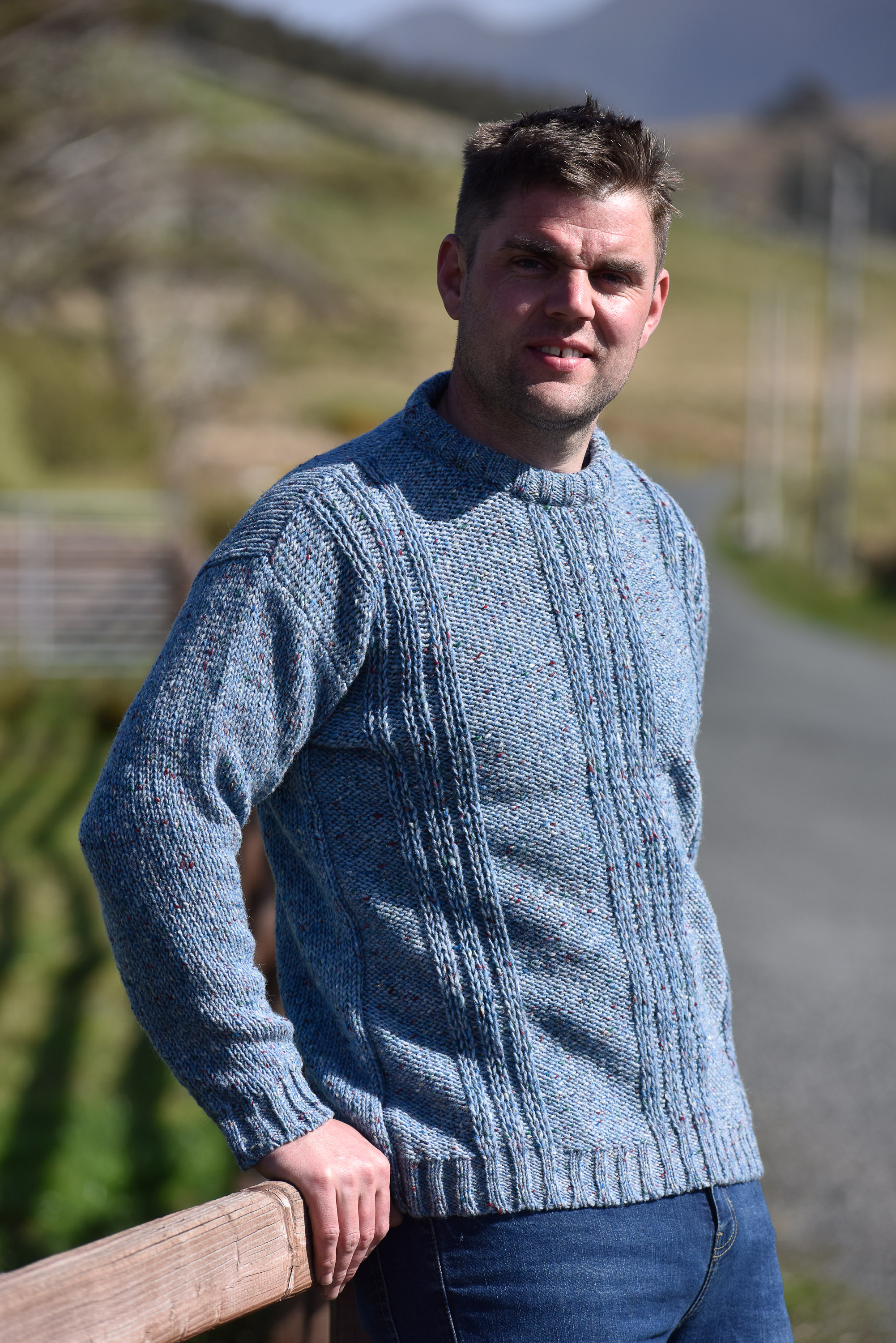 Crew neck sweater in denim blue flecked Donegal tweed wool by Irish ...