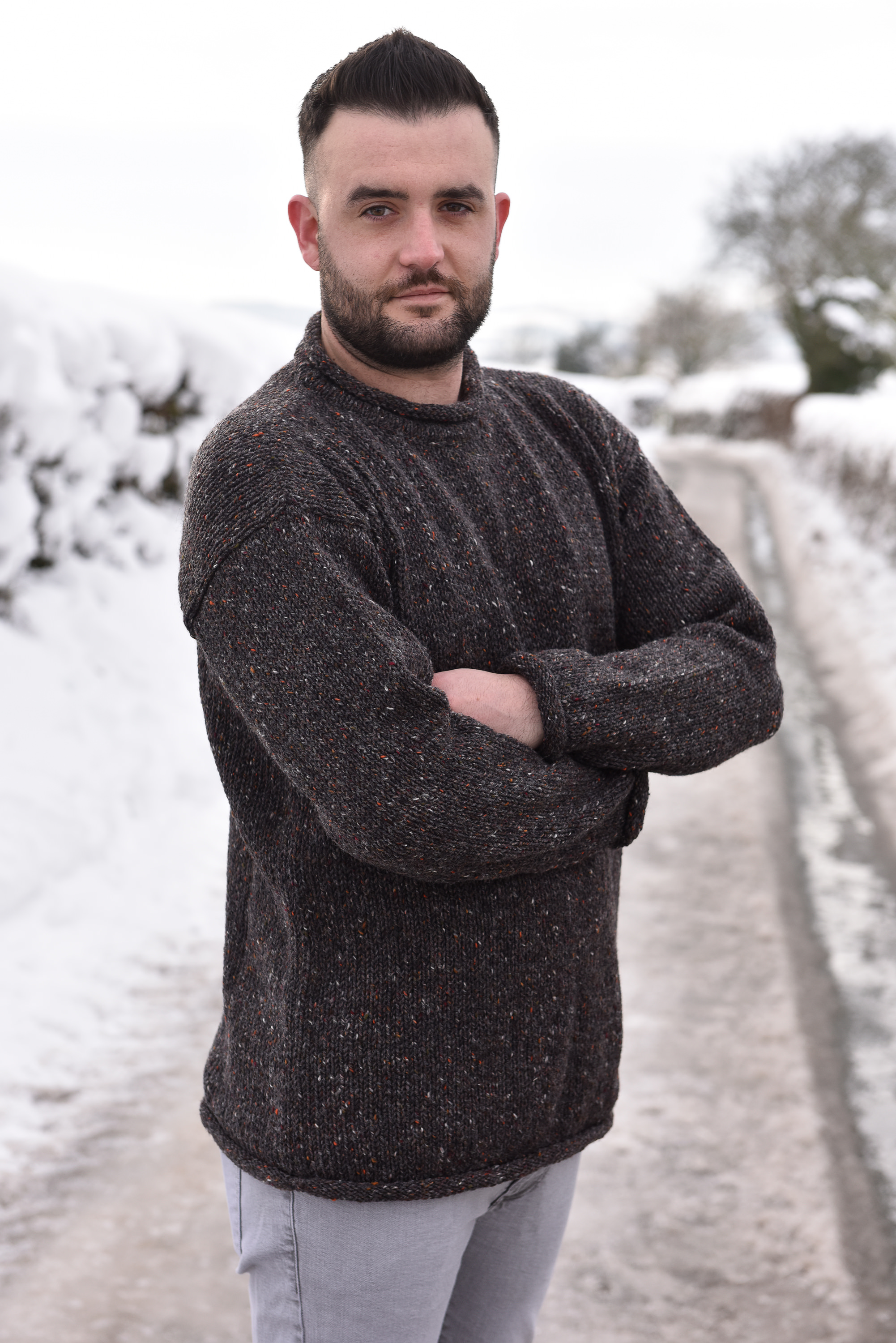 A beautiful dark grey Donegal tweed wool roll neck sweater from Irish ...