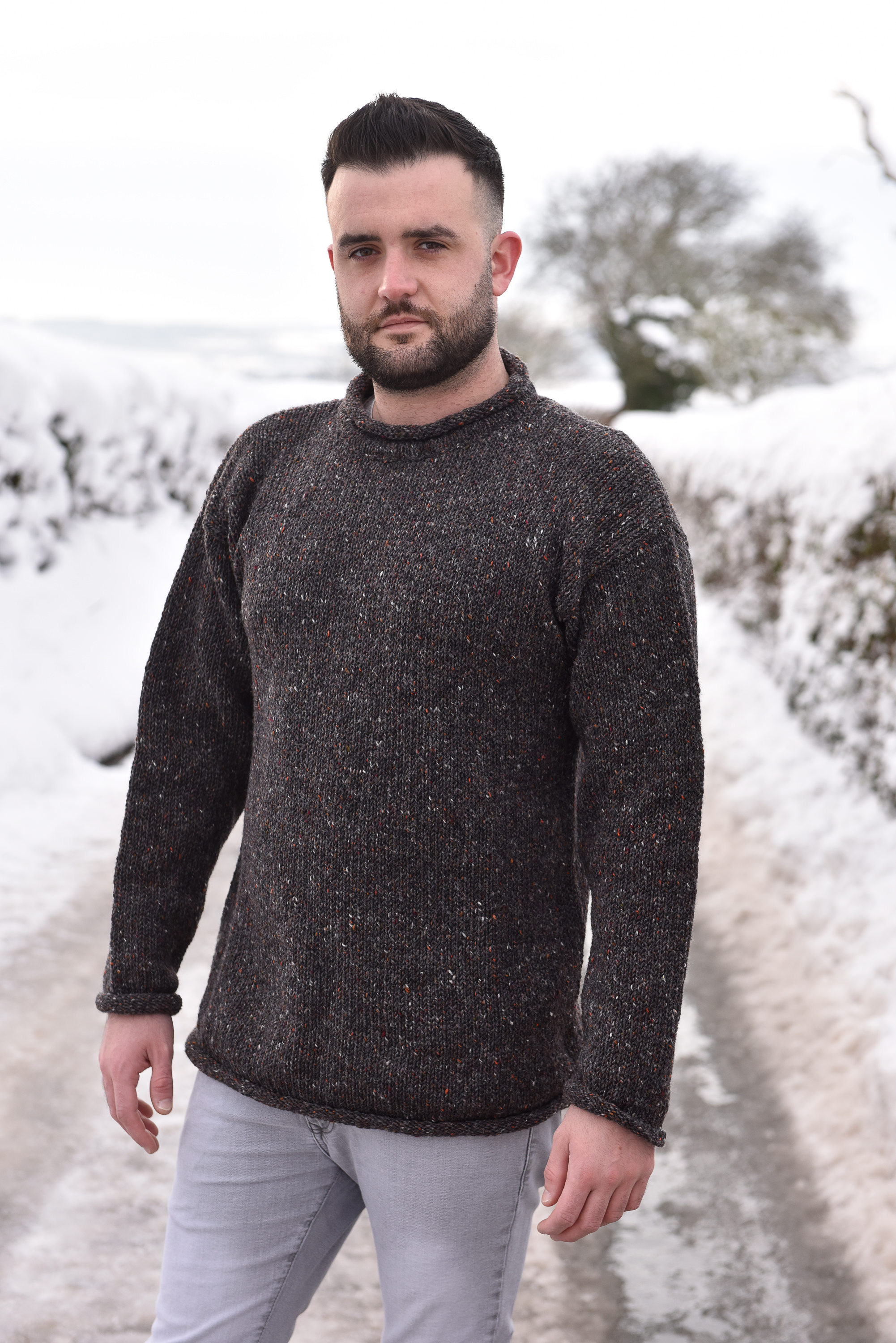 A beautiful dark grey Donegal tweed wool roll neck sweater from Irish ...
