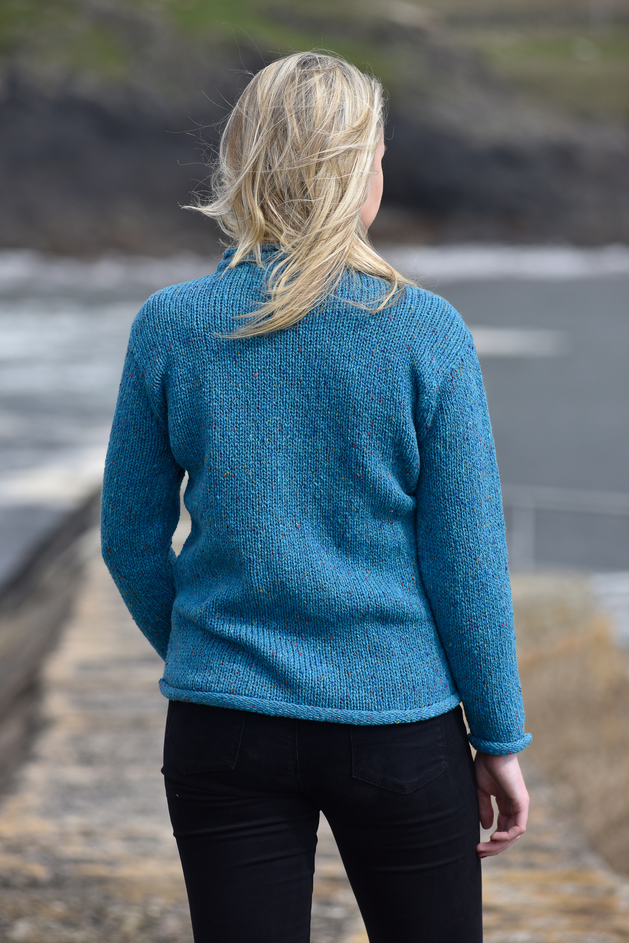 Women's Donegal Roll Neck Merino Wool Sweater in Ocean Blue from Irish ...