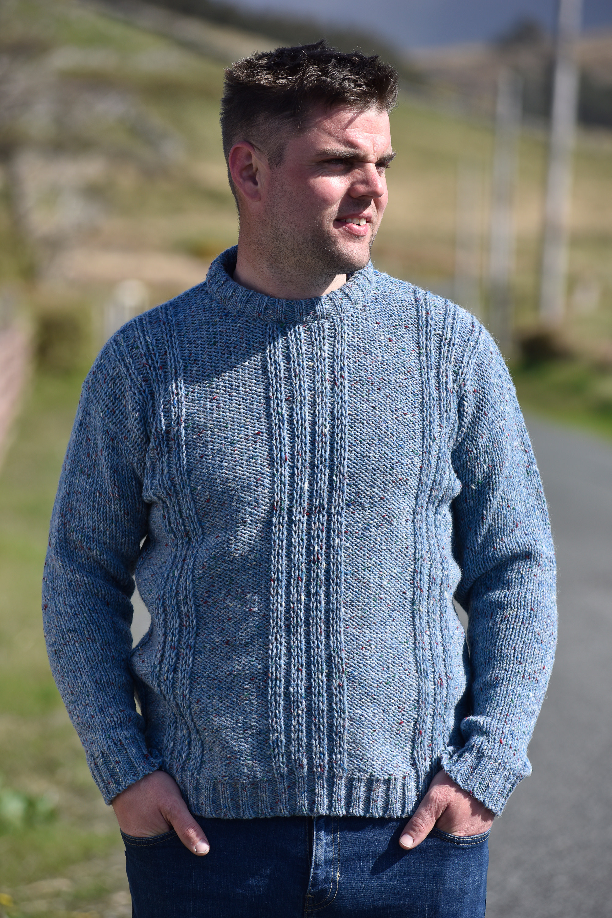 Crew neck sweater in denim blue flecked Donegal tweed wool by Irish ...