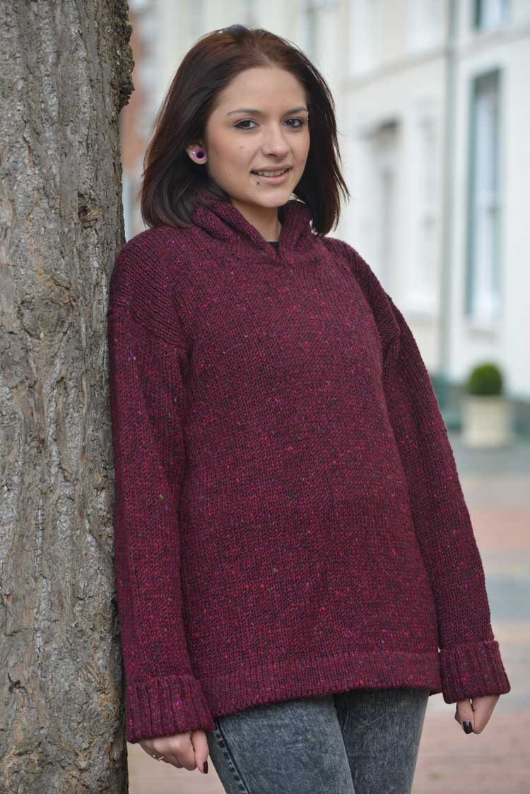 Buy a dark red Donegal wool women's hooded sweater from Irish ...