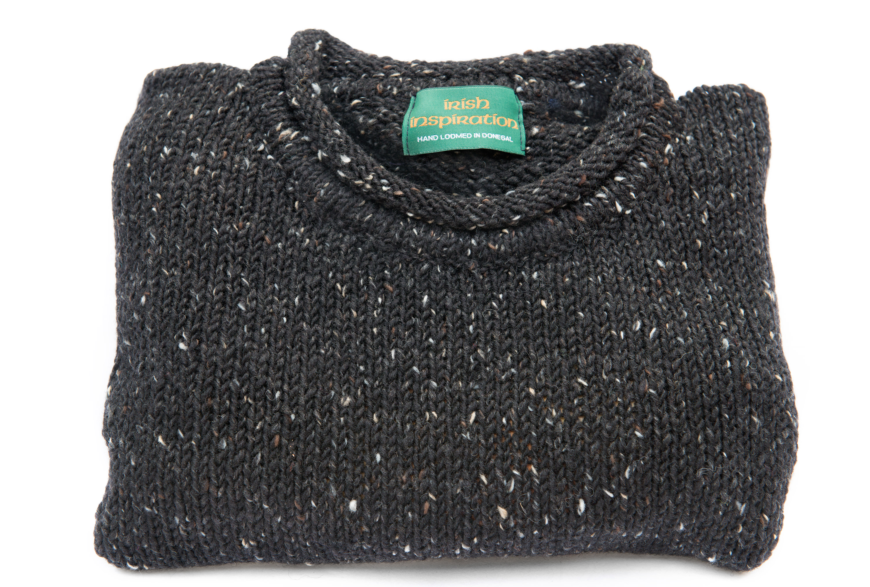 Donegal roll neck sweater in black fleck wool from Irish Inspiration ...